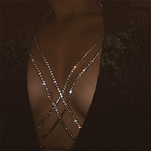 Nicute Rhinestone Body Chain Jewelry Silver Crystal Bra Chain Sparkly Bikini Beach Chest Chain for Women (Silver)