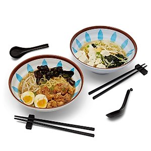 Nytana Japanese Style Large Ramen Bowl Set 60 Oz (10 Piece), 9 and Chopsticks with Spoons and Wood Stand, Ramen Noodle Bowls, Melamine Japanese Miso, Pho, Asian Cuisine, White, Blue, Brown