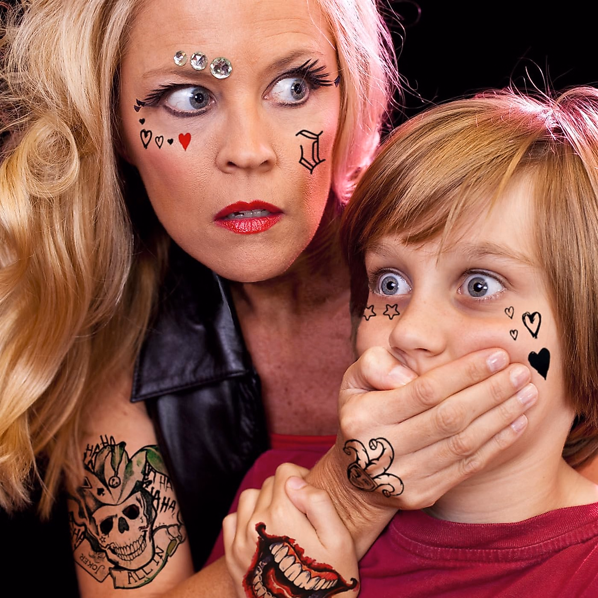 Joker Tattoos Suicide Squad Stickers, 4 Sheets Halloween Temporary Tattoos Hand Face Makeup Kit, Death Skull Smile Face