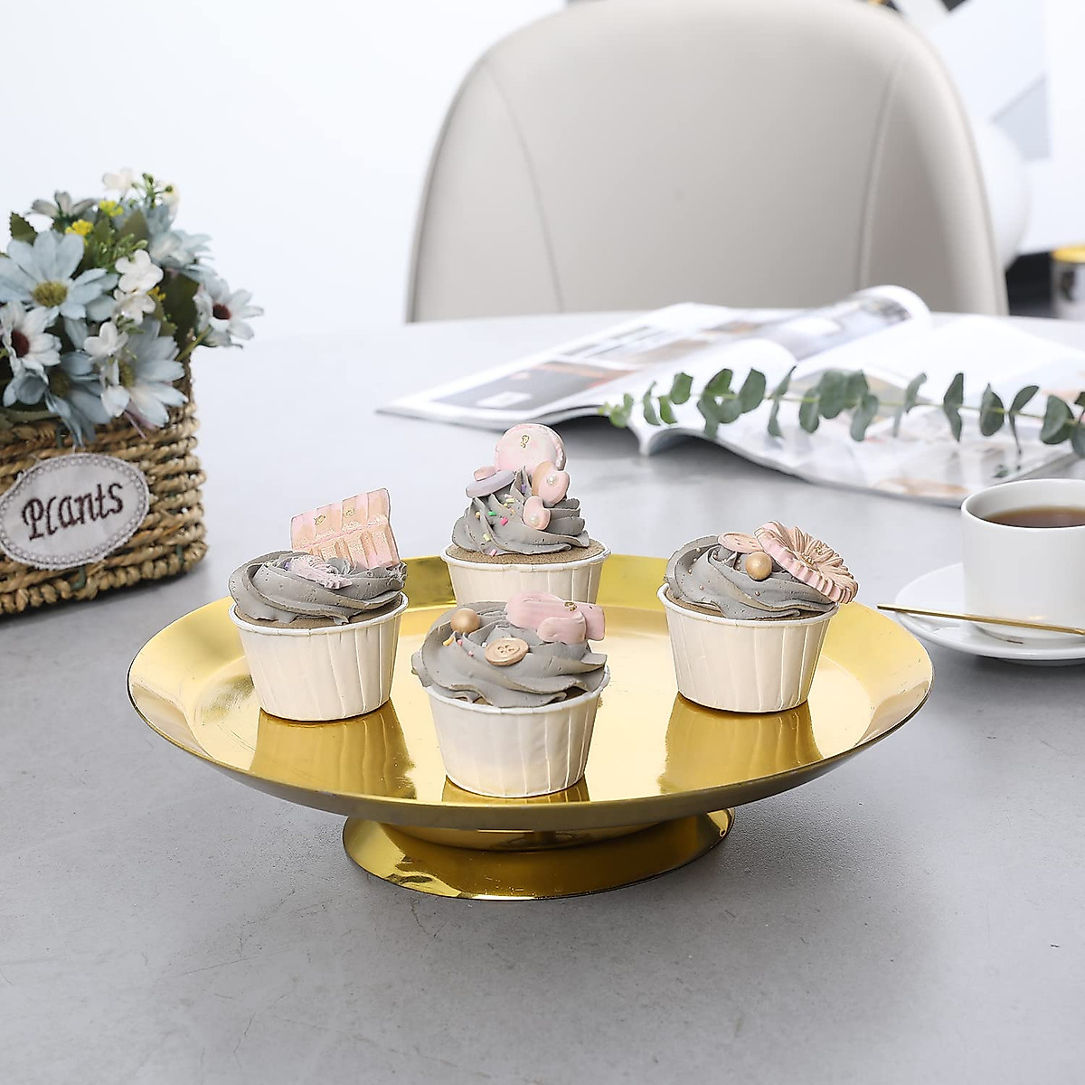 MyGift Modern Brass Plated Metal Lazy Susan Turntable, 12 Inch Rotating Tray, Pedestal Dessert Display Riser - Handcrafted in India