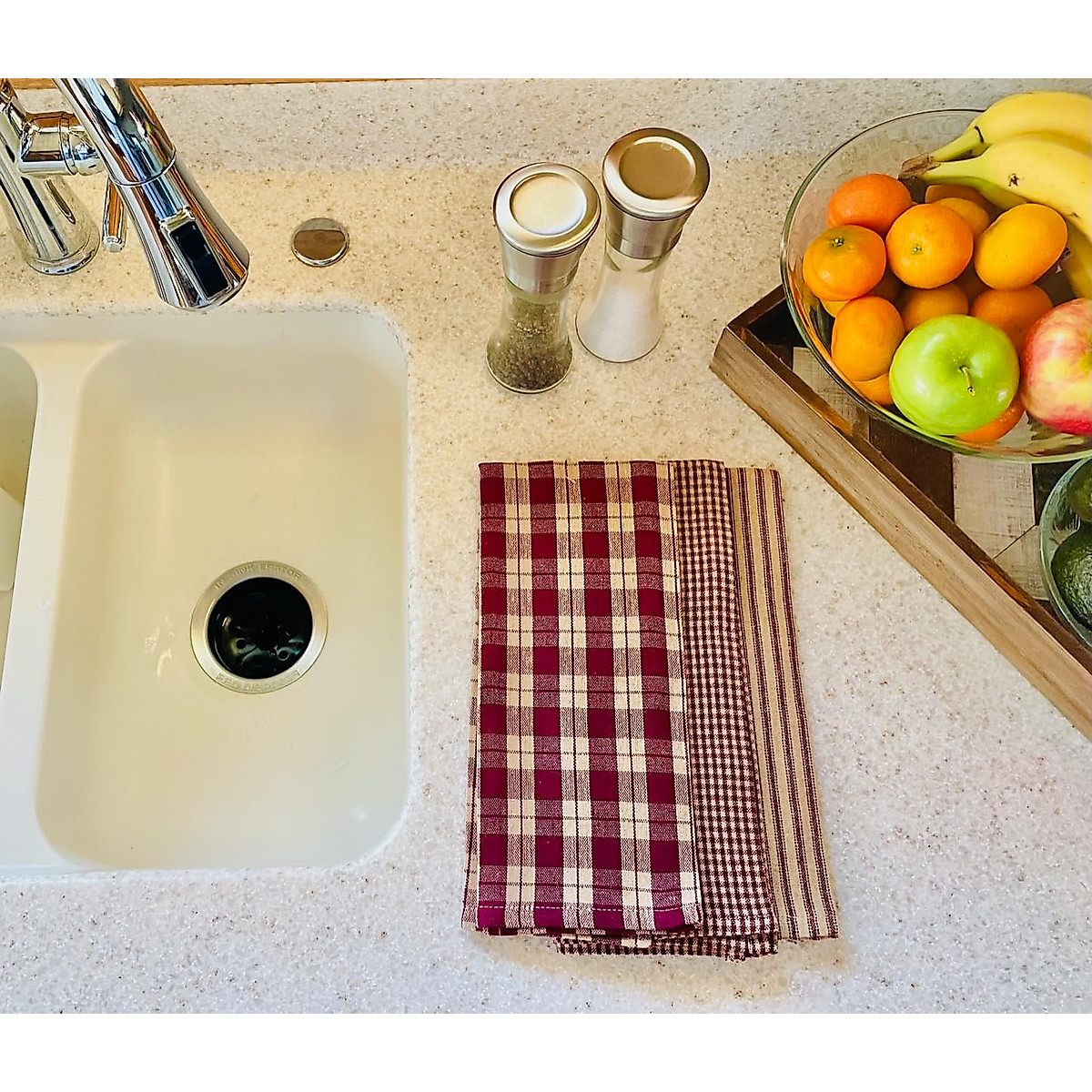 fillURbasket Burgundy Farmhouse Kitchen Towels Set of 3 Striped Buffalo Checked Plaid Dish Towels Red and Tan Towels for Decor Dishing Drying Cotton 15”x25”