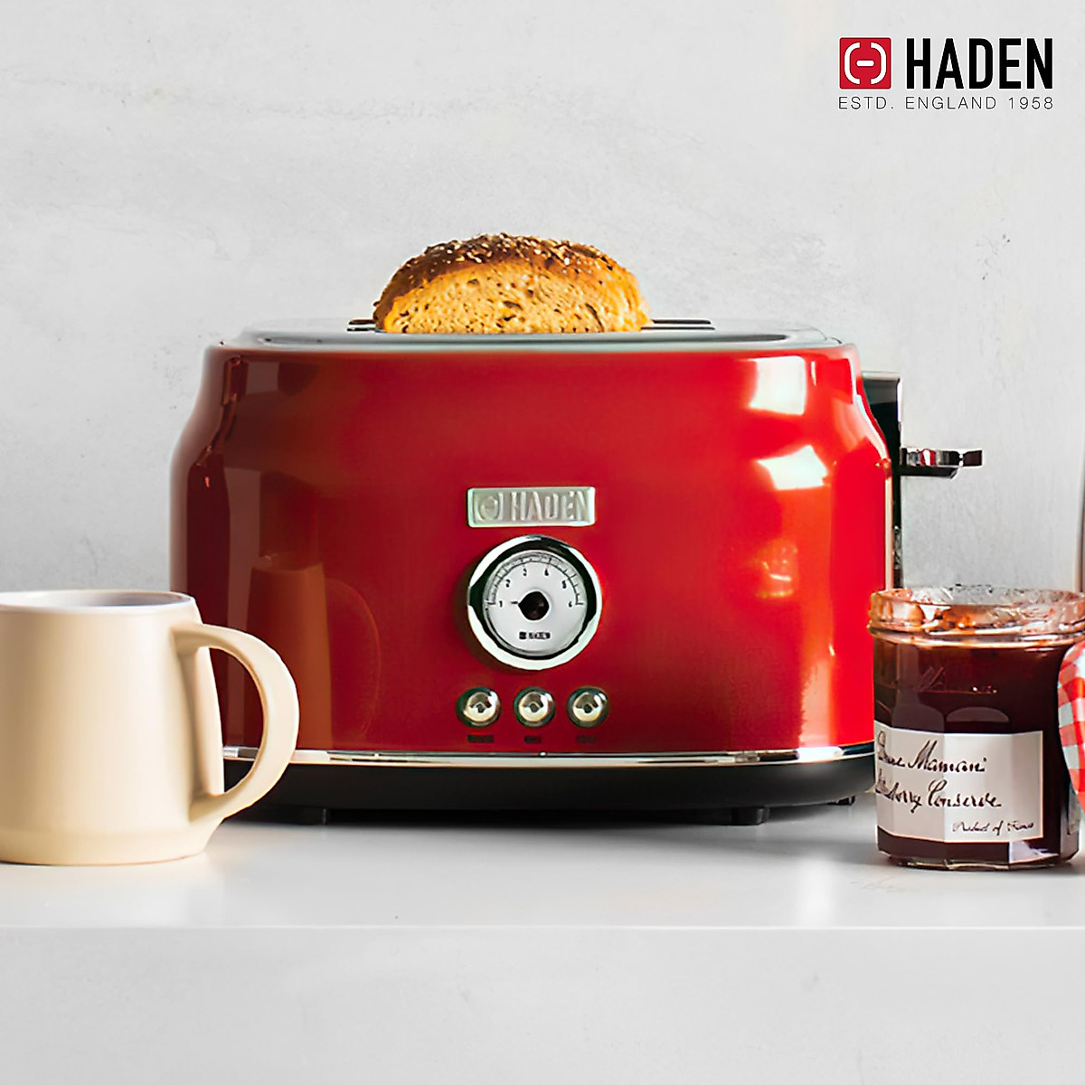 Haden Dorset 2 Slice Wide Slot Stainless Steel Toaster with Adjustable Browning Control & Non-Slip Feet, Rectory Red
