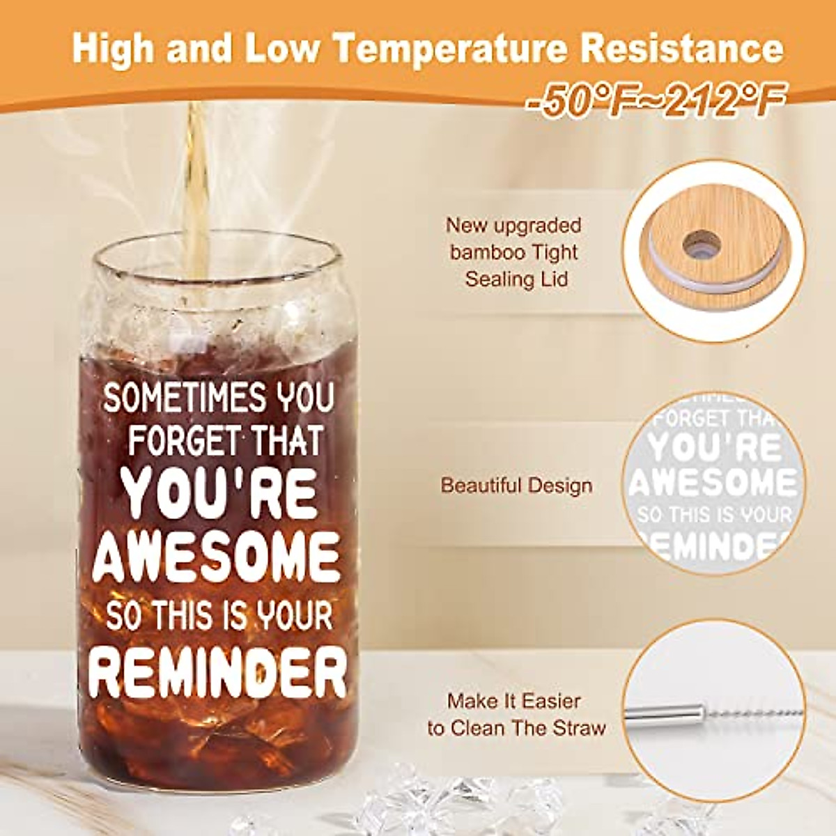 Birthday Gifts for Women Men - Iced Coffee Glass with Bamboo Lid and Straw, Thank You Gifts for Best Friend Coworker Boss Lady, Her, Daughter, Inspirational Appreciation Drinking Can Shaped Cup