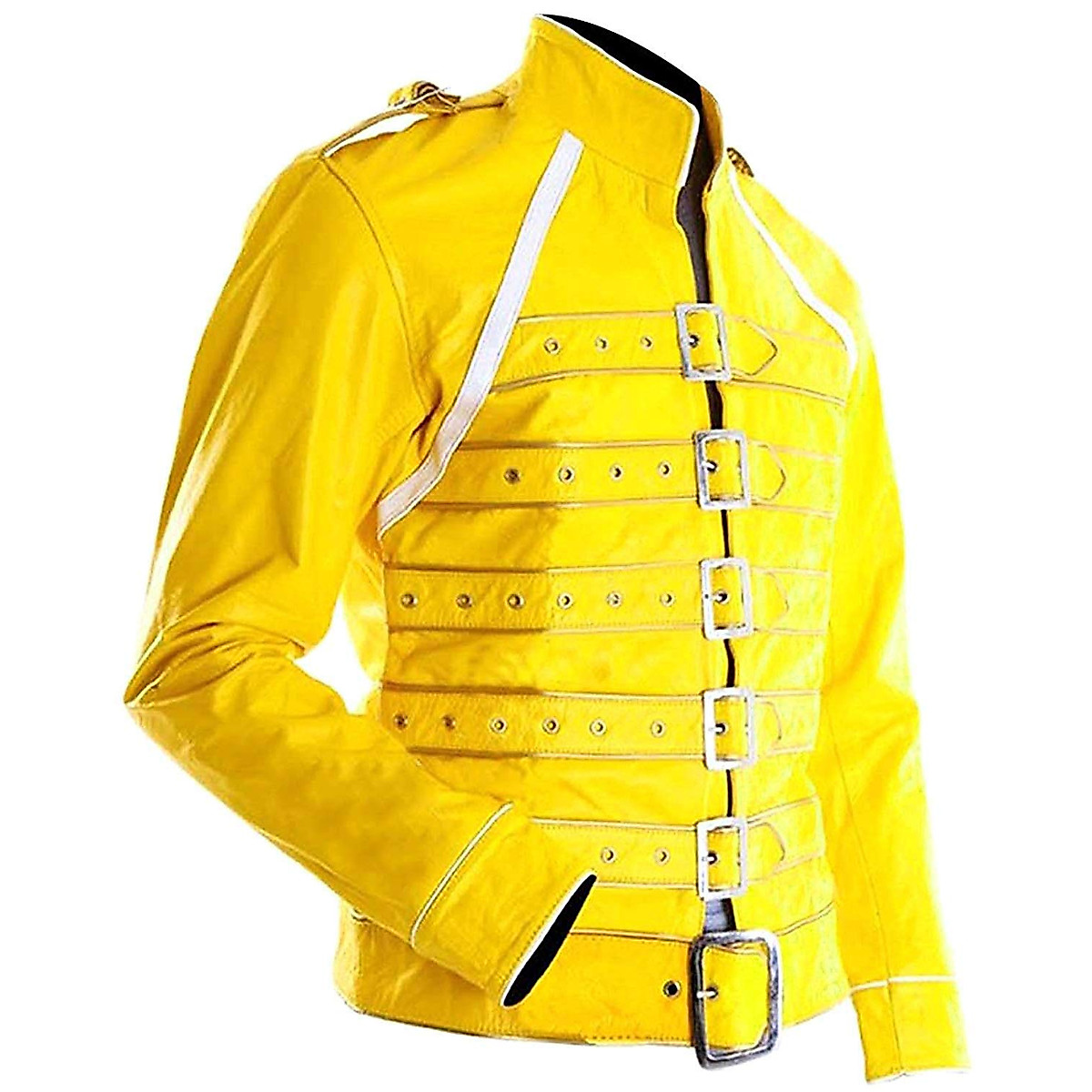 LP-FACON Mens Rock Star Costume Wembley Concert Yellow Cosplay Faux Leather Jacket
