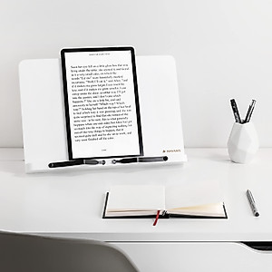 Navaris Bamboo Book Stand - Hands-Free Reading Recipe Cookbook Tablet Holder with 2 Adjustable Metal Page Holders with Grips - Bamboo Easel - White