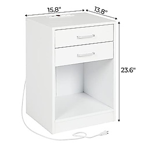 ADORNEVE Nightstand with Charging Station,White Night Stand for Bedroom, End Table Side Table Wooden Sofa Side Storage Stand Cabinet,with Sliding Drawer and Shelf