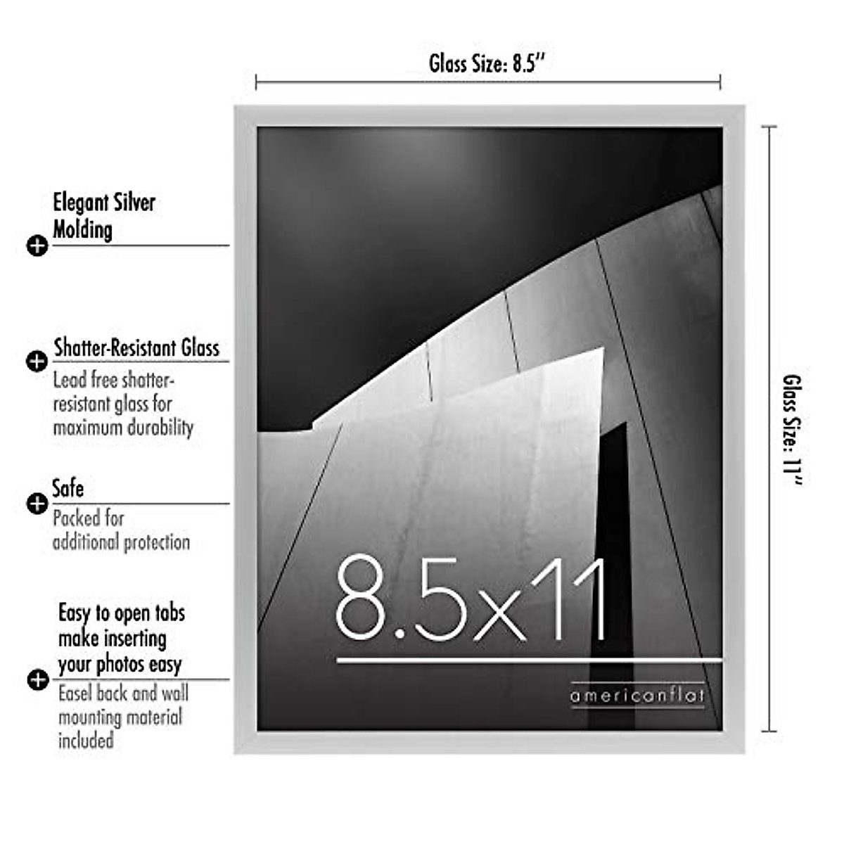 Americanflat 8.5x11 Picture Frame in Silver - Thin Border Frame with Shatter Resistant Glass - Horizontal and Vertical Formats for Wall and Tabletop