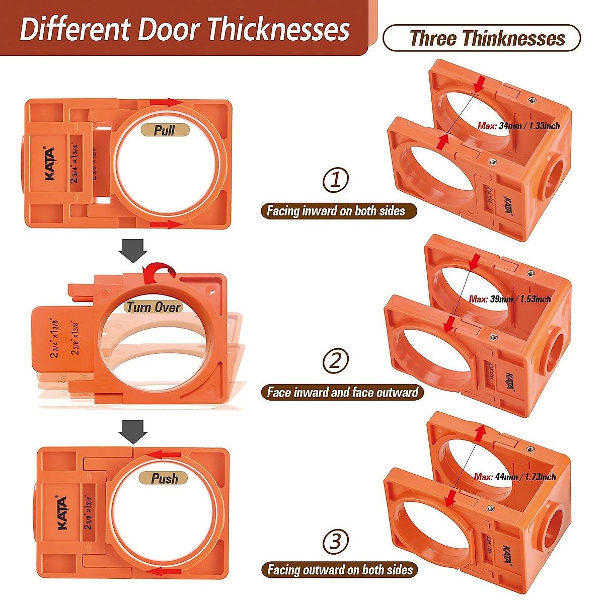 KATA 1-3/8" - 1-3/4" Door Lock Installation Kit with Large Chip-Clearance Slots, Door Lock Hole Saw for Deadbolts and Locksets for Wooden Doors with Guide Template, Carbon Steel, Orange