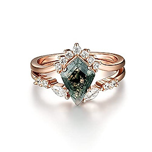 Natural Moss Agate Gemstone Genuine 925 Sterling Silver Ring for Women Kite Cut Women's Ring Set for Engagement Silver 925 Jewelry (Rose Gold Plated Silver, 5)
