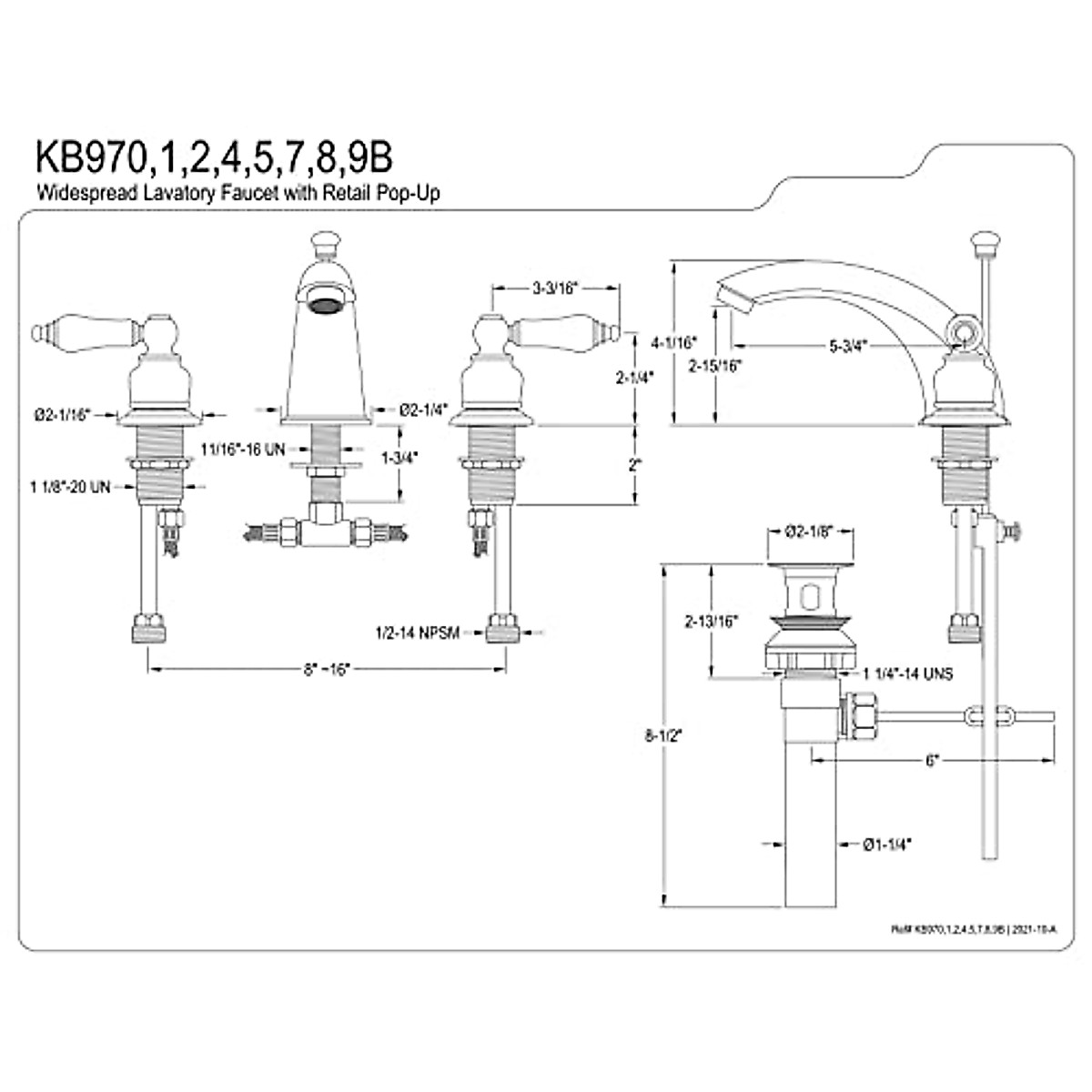 Kingston Brass KB972B Victorian Widespread Bathroom Faucet, 8-Inch Adjustable Center, Polished Brass