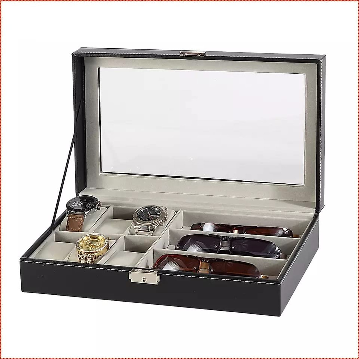 RJ Displays Valet Jewelry Box for Men - Holds 6 Watches, 3 Sunglasses Tray Storage Holder Mens Watch Case Organizer with Metal Accents, PU Leather & Large Glass Lid - Black Watc + Gift Box