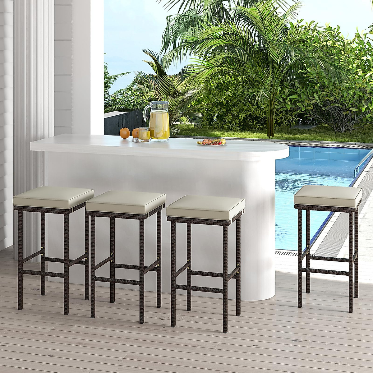 HAPPYGRILL Wicker Bar Stools Set of 2, Bar Height Bistro Stools with Removable Seat Cushions, Backless Patio Pub Stools with Footrest Support 400 LBS, for Balcony, Poolside