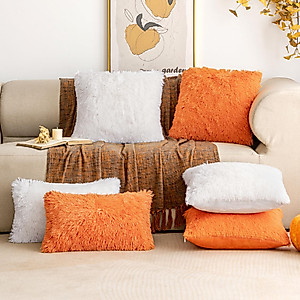 EMEMA Orange Fall Faux Fur Throw Pillow Covers 18x18 Inch Set of 2 Fluffy Pillowcase Fuzzy Fleece Decorative Square Cute Home Decor Luxury Soft Mongolian for Couch Sofa Bed Livingroom Halloween