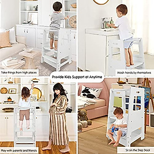 ECOMEX Standing Tower for Toddlers, Toddler Stool for Kitchen Counter Kids Kitchen Step Stool with Safety Rail Toddler Standing Tower with Adjustable Platform for Kitchen Counter, Elegant White