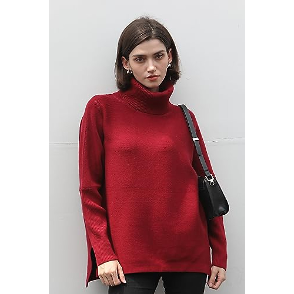 LANYO LILI Women Turtleneck Long Batwing Sleeve Spilt Hem Casual Oversized Pullover Sweater Knit Tops Burgundy