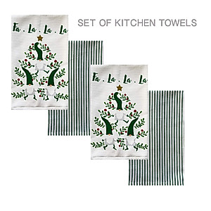 Lintex Falala Christmas Elves 4 Piece 100% Cotton Oversized Dish Towel Set - 2 Whimsical Elf and 2 Hunter Buffalo Check 16” x 28” Winter Holiday Fast Drying Kitchen Towels, Elf/Check 4 Pack Set