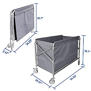 Folding Laundry Cart Commercial Rolling Laundry Basket Trucks with Wheels 440lbs Load Capacity Stainless Steel Laundry Trolley Cart for Industrial/Home 34 * 21 * 31inches (Gray)