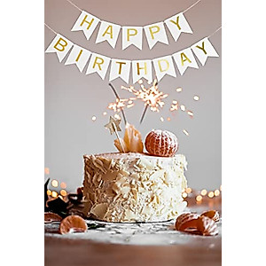 Paper Happy Birthday Banner, Birthday Decorations Versatile, Beautiful, Swallowtail Bunting Flag Garland, Chic White and Gold DIY Party Decoration,Big Size 16*20cm (White)