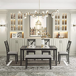 6 Piece Dining Table Set, Wood Dining Dinette Table and 4 Chairs with 1 Bench with Cushion, Rustic Style Kitchen Table Set for 6 Persons, Gray