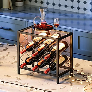 HOOBRO Wine Rack Countertop, 10-Bottle Wine Storage Rack, Freestanding Modern Glass Metal Small Wine Rack, Tabletop Wine Holder Stand for Bar, Dining Room, Kitchen, Black BK11JJ01