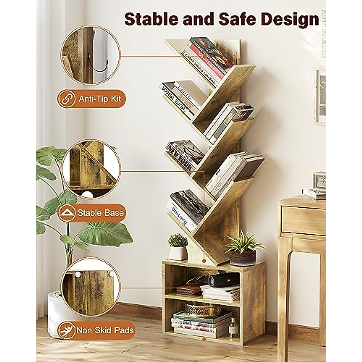 SUNMORY 6 Tier Tree Bookshelf, Small Bookcase with Storage Cabinet, Modern Tall Narrow Bookshelves Organizer, Floor Standing Book Shelf for Bedroom/Living Room/Home Office/Corner, Rustic Brown