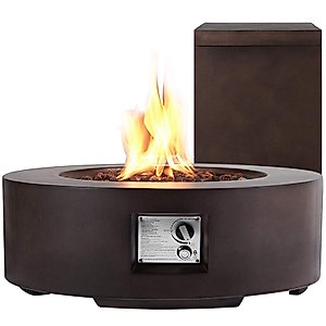 ECOTOUGE 2-Piece Outdoor Propane Firepit Table Set with Tank Table, 30 Inch Auto-Ignition Round Gas Fire Pit, 50,000 BTU Steel Fire Table w/Weather-Resistant Pit Cover, Lava Rocks, Brown