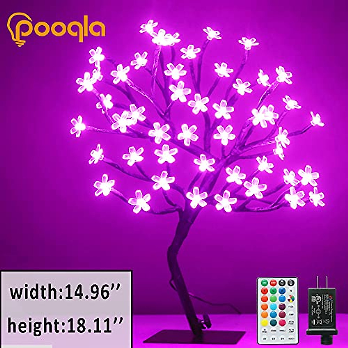 Pooqla 18 Inch 48 LED RGB Cherry Blossom Tree Light with Remote 16 Color-Changing LED Artificial Flower Bonsai Tree Table Top Lamp Home Lit Tree Centerpieces Christmas Mother's Day Gift Decoration