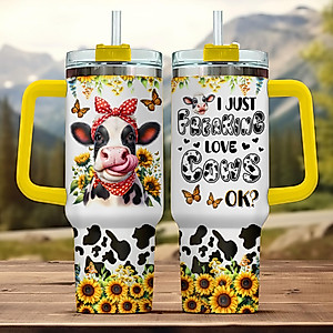 99OWL Cow Gifts, Tumbler 40 Oz With Handle Lid And Straw, Freaking Cow Sunflower, Funny Handle Cows Women Modern Adults Steel Print Coffee Tumblers Swig Simple Glitter Yellow Cups