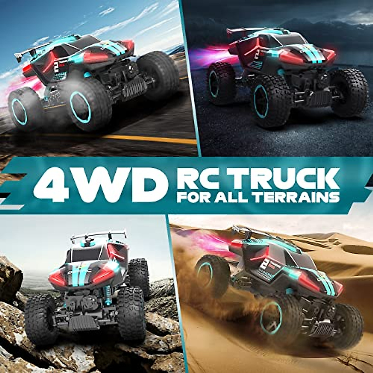 DEERC DE69 Remote Control Truck with Spray and Light, 5 LED Light Modes, Dual Motors Off Road RC Car, 4WD Rock Crawler, Spray Water Mist, 35+ Min Play, Toy Vehicle for Boys Girls and Adults