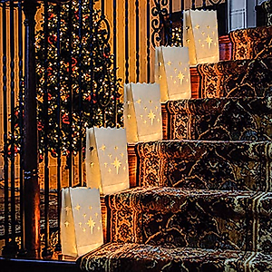 Homemory 50 PCS White Luminary Bags, Flame Resistant Candle Bags, Stars Design Luminaries for Wedding, Party, Halloween, Thanksgiving, Christmas