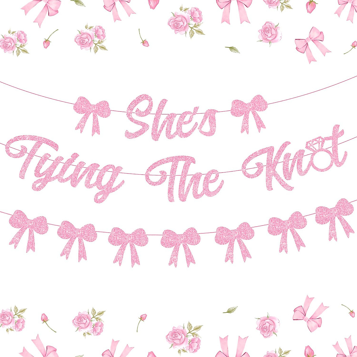 24Pcs Pink Bow Princess Bachelorette Party Decorations She's Tying The Knot Glitter Banner Pink Coquette Bow Banner Garland for Girls Bachelorette Decor Bridal Shower Engagement Wedding Party Supplies