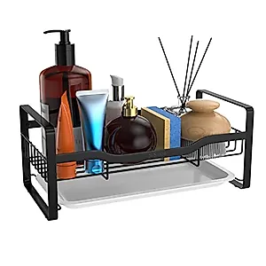 Cade Sink Caddy, Sponge Holder for Kitchen Sink, 304 Stainless Steel, Large Capacity Kitchen Sink Organizer Soap Brush Dispenser, Countertop with Removable Drain Tray (Black)
