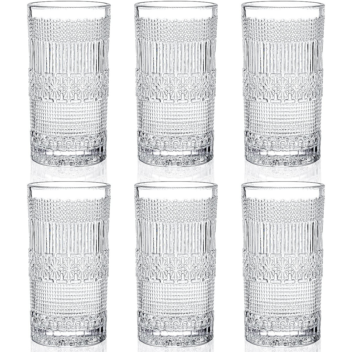 Coloch 6 Pack 13 Oz Romantic Water Glasses, Carved Drinking Glasses Tumbler Heavy Duty Highball Glasses Vintage Glassware Set for Beer, Milk, Beverages, Home, Bar, Restaurant