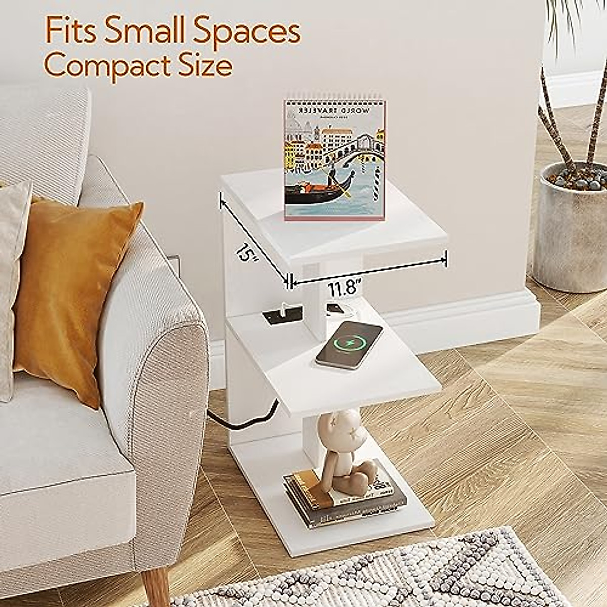 Yusong End Table with Charging Station, Narrow Side Tables for Small Spaces with USB Ports & Outlets Skinny Nightstand Bedside Sofa Couch Side Slim 3 Shelf Night Stand for Living Room, Bedroom,White