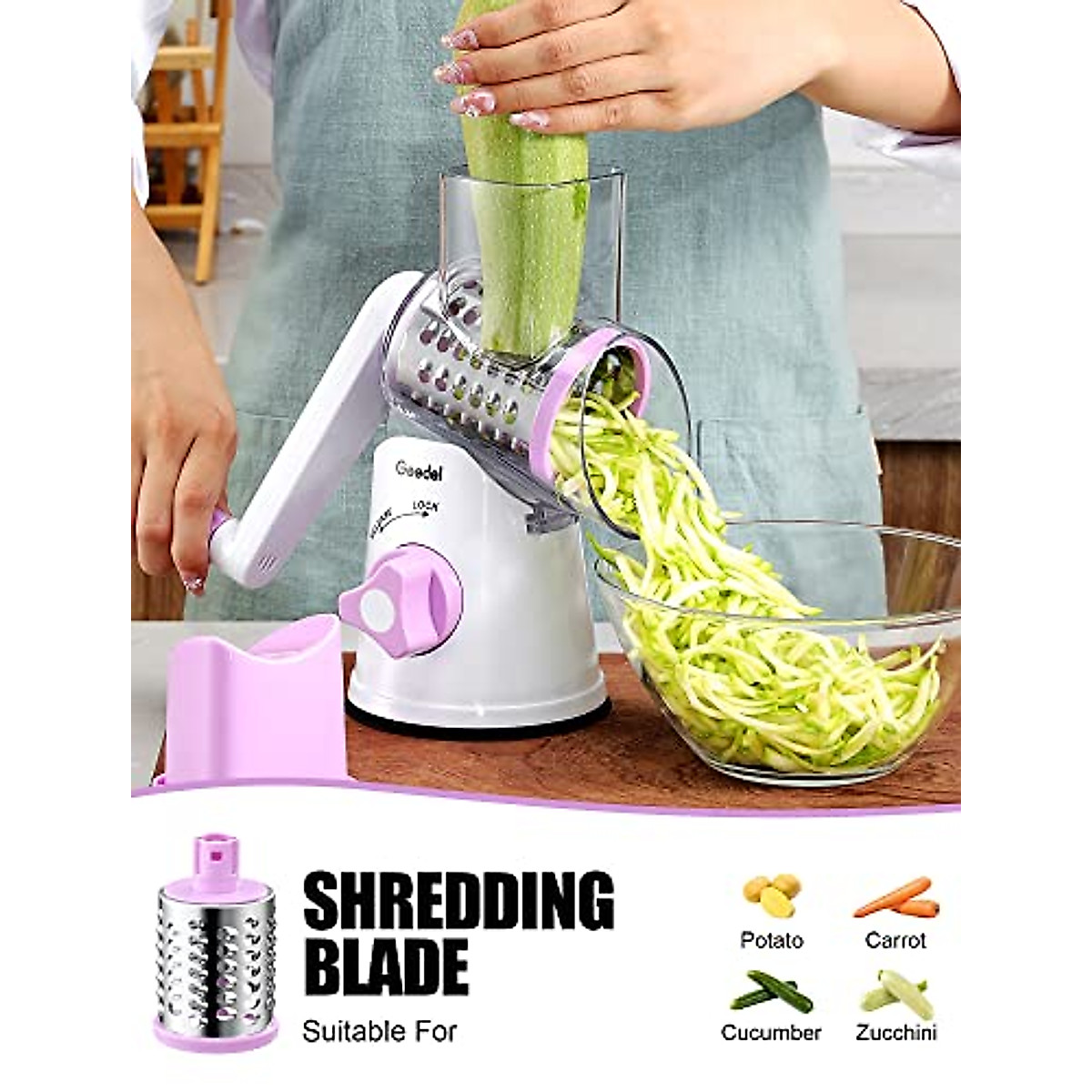 Geedel Rotary Cheese Grater, Kitchen Mandoline Vegetable Slicer with 3 Interchangeable Blades, Easy to Clean Rotary Grater Slicer for Fruit, Vegetables, Nuts