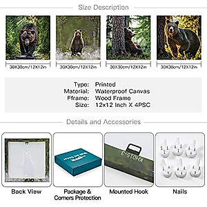 OTOSTAR 4 Pieces Wall Art Canvas Prints - Forest and Bear Picture Painting - Modern Wall Artwork Framed for Gifts Bathroom Home Kitchen Office Decor - 12 x 12 Inch