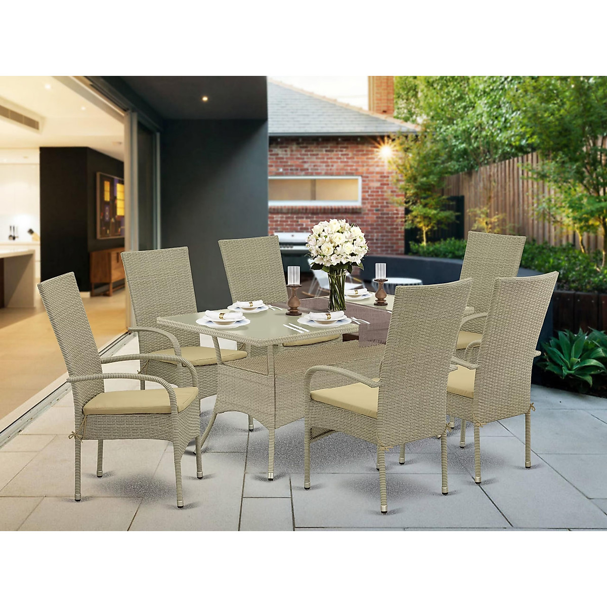 East West Furniture OSOS7-03A Oslo 7 Piece Patio Furniture Wicker Outdoor Set Consist of a Rectangle Dining Table with Glass Top and 6 Balcony Armchair with Cushion, 36x60 Inch