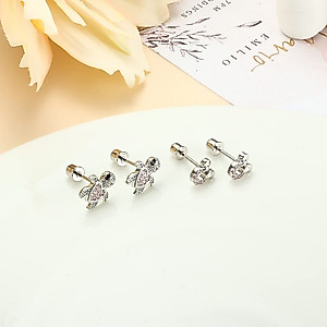 CASSIECA 20G Hypoallergenic Screwback Earrings for Teens Women Stainless Steel CZ Heart Flower Turtle Stud Earrings Jewelry Gift