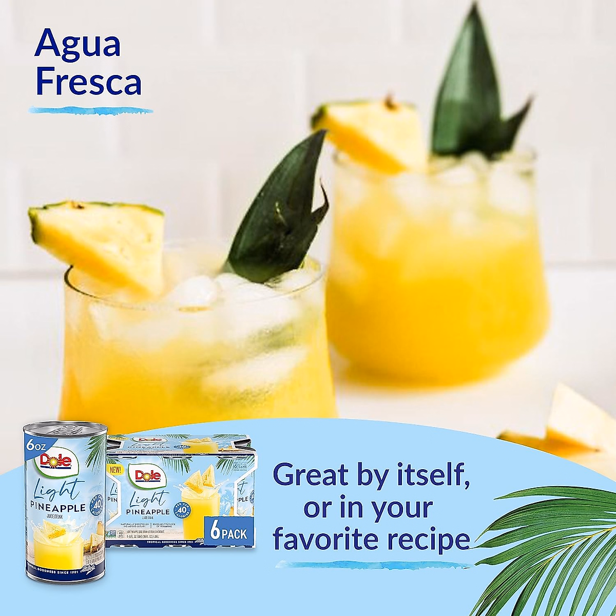 Dole Light Pineapple Juice Drink, No Added Sugar, 40 Calories Per Can, Excellent Source of Vitamin C, 100% Fruit Juice, 6 Fl Oz (Pack of 48)