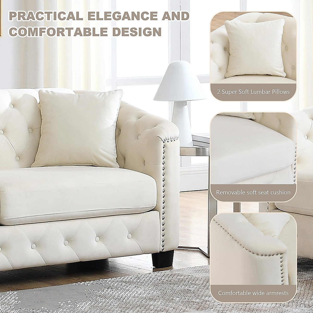 BUIORD 59" Modern Velvet Loveseat Chesterfield Sofa for Living Room,2-Seater Sofa,Upholstered Tufted Backrests with Nailhead Arms and 2 Cushions for Bedroom-Beige