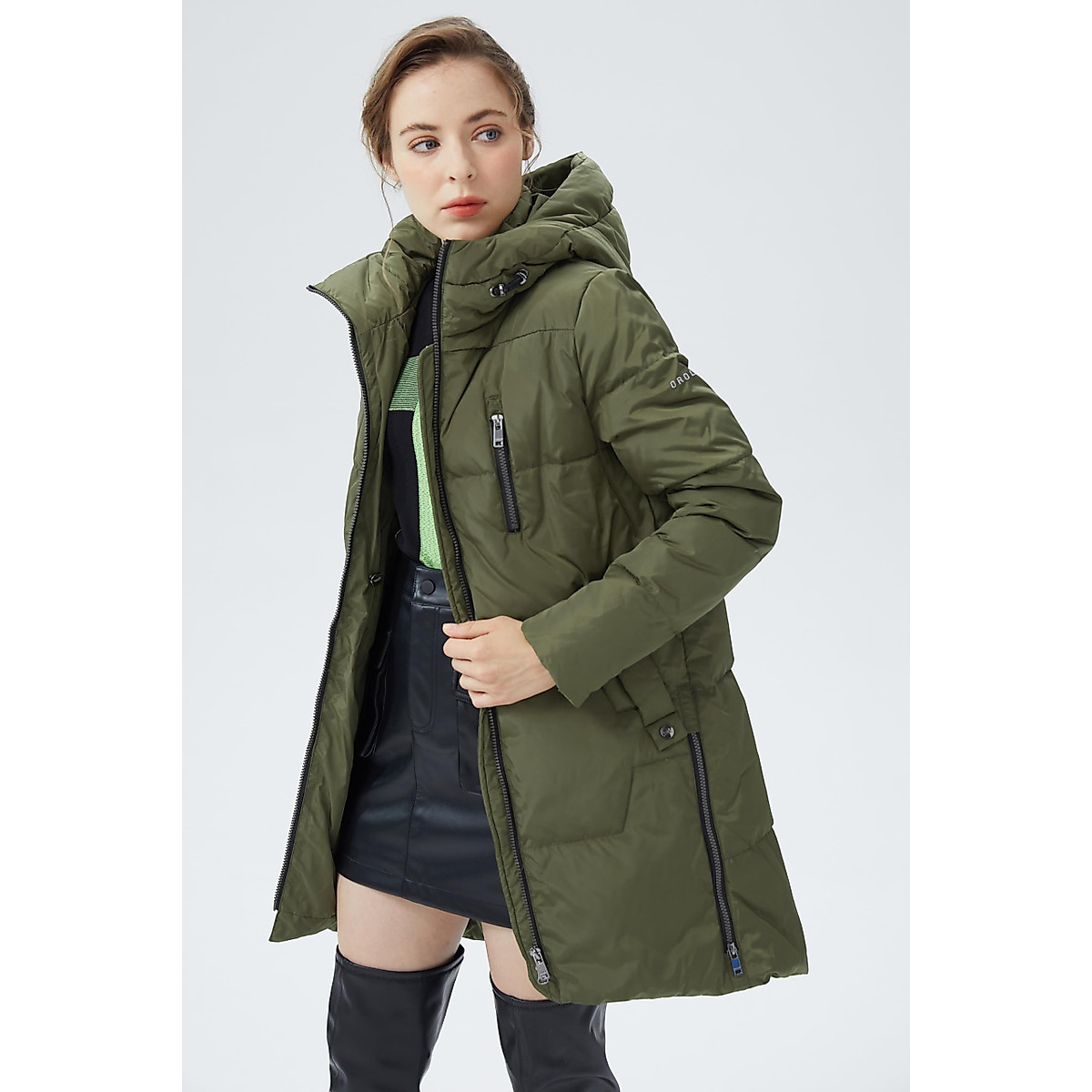 Orolay Women's Stylish Down Hooded Jacket with Two-Way Zipper Winter Down Coat Puffer Jacket Army Green M