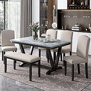 P PURLOVE Faux Marble Style 6 Piece Dining Table Set Marble Stickers MDF Top Kitchen Table with 4 Thicken Cushion Chairs and a Bench, for Home Living Room (White)