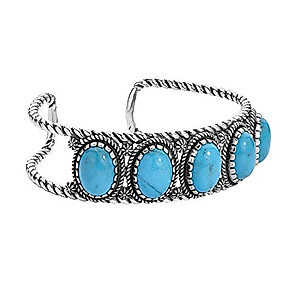American West Sterling Silver Women's Cuff Bracelet & Men's Cuff Bracelet Blue Turquoise Gemstone 5-Stone Design Size M