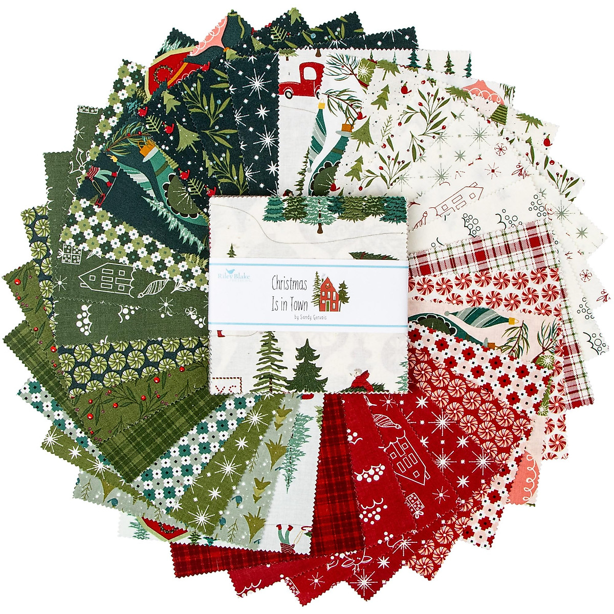 Christmas Is in Town Riley Blake 5-inch Stacker, 42 Precut Fabric Quilt Squares by Sandy Gervais, Assorted