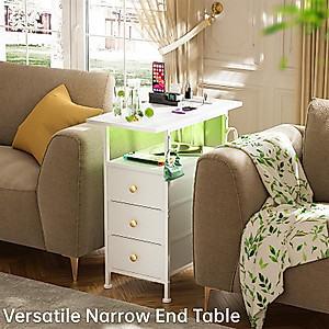 GipGiper End Table with Charging Station, Narrow Side Table with 3 Fabric Drawers and Shelf, Skinny Nightstand with LED Light, Slim Bedside Table for Bedroom, Living Room, Small Spaces, White