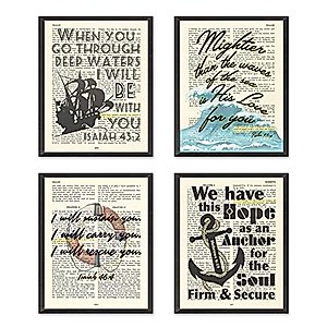 Nautical Bible Verse Christian Art Prints, Set of 4, Isaiah 43:2, Isaiah 46:4, Psalm 93:4, Hebrews 6:19, Unframed, Bible Verse Scripture Wall Decor Poster, 8x10 Inches