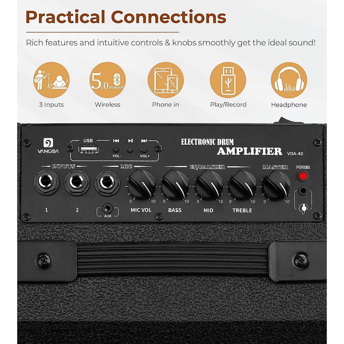 Vangoa Electric Drum Amp 40W Professional Drum Amplifier Speaker, 3 Inputs 3 Band EQ Wireless Electronic Drum Monitor, Keyboard Speaker, Black