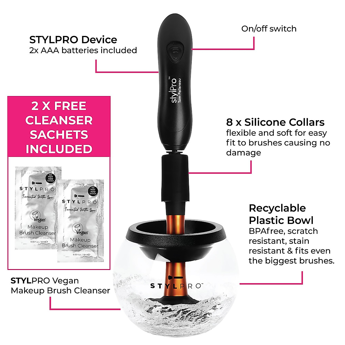 STYLPRO Electric Make-up Brush Cleaner & Dryer - Cleans and dries thoroughly in 30 seconds with gentle centrifugal technology. Suitable for all brush sizes, incl. vegan cleaner.