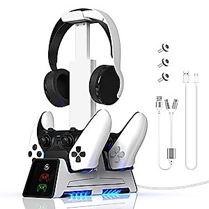 JOYTORN PS-5 Edge Controller Charger Station,Dual Fast Charging Dock for DualSense Wireless Controllers with LED Indicator,Headset Holder,Type-c Charger Cable,White