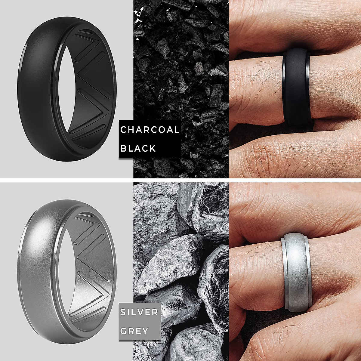 ThunderFit Men's Silicone Wedding Rings, Step Edge Breathable Rubber Engagement Bands 8.7mm Wide 2.5mm Thick - 1/4/7 Variety Multipack (Pack N - Size 14.5-15 (23.06mm))